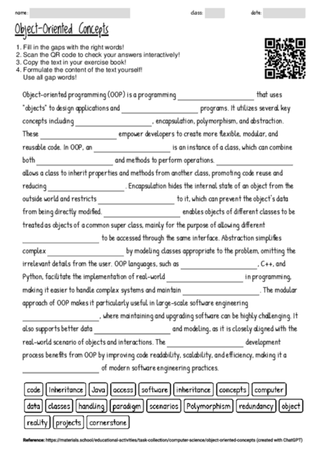 Worksheet with the topic "Object-Oriented Concepts" | MATERIALS.SCHOOL